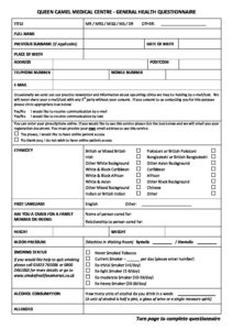 QCMC – Health Questionnaire 2021 – Queen Camel Medical Centre